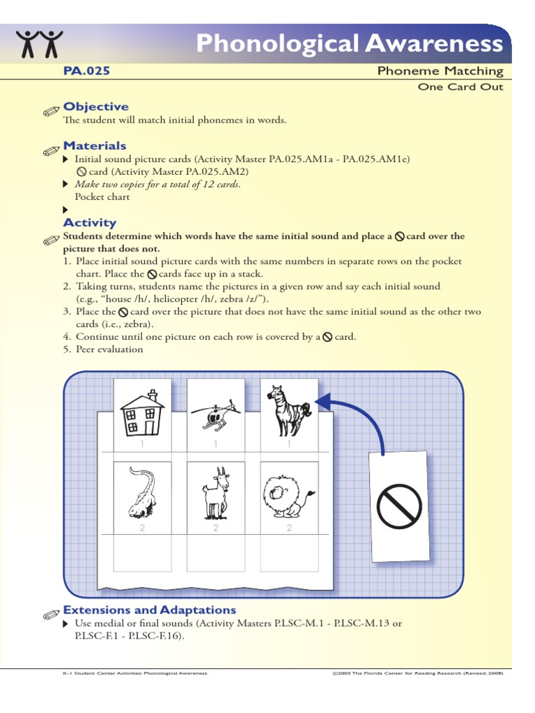 Kindergarten and 1st Grade Phonological Awareness Phoneme Matching ...