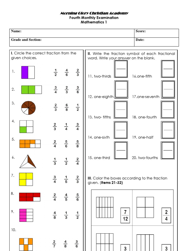 Grade 1 Fraction Worksheet Exam | PDF | Art