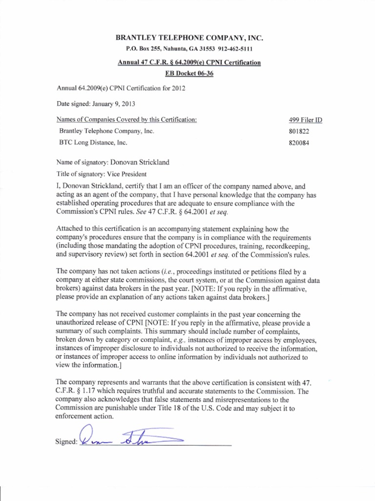 2012 Brantley CPNI Compliance Certification | PDF | Federal ...
