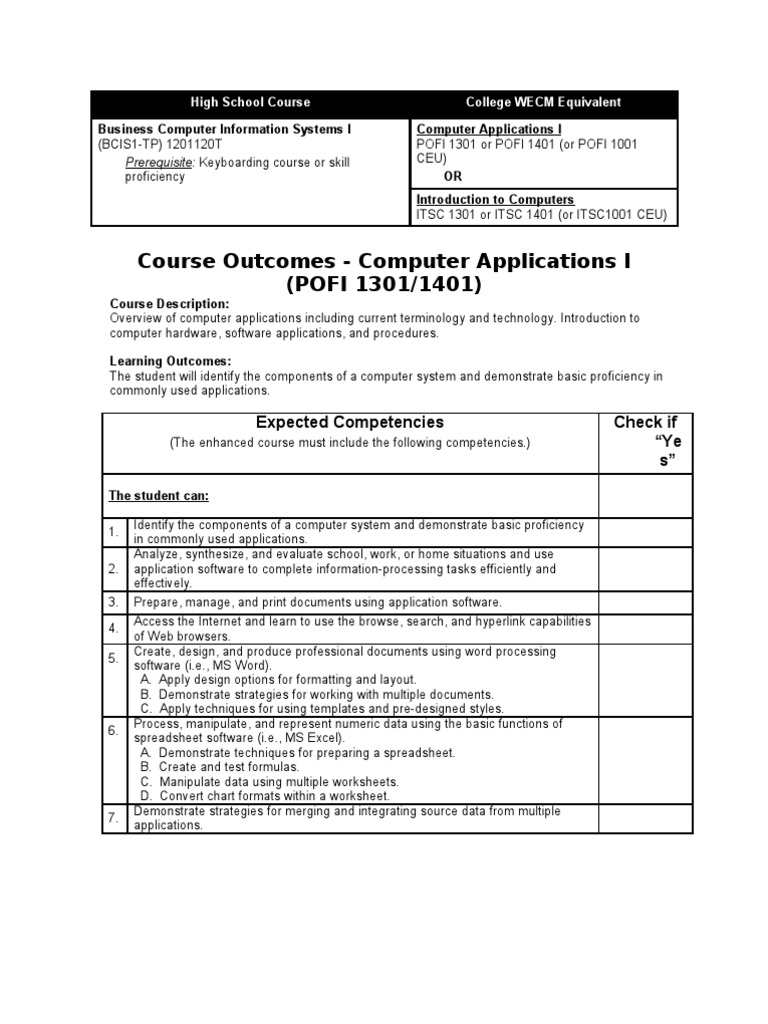 Course Outcomes - Computer Applications I (POFI 1301/1401 ...