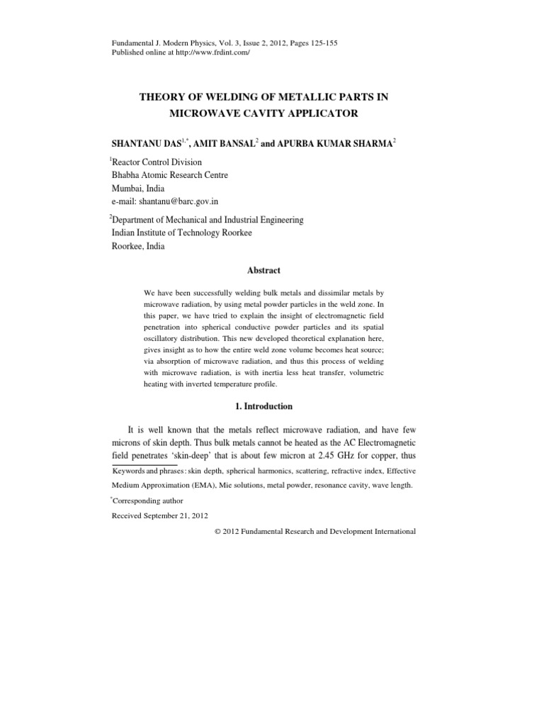 Theory of Welding of Metallic Parts in Microwave Cavity Applicator ...