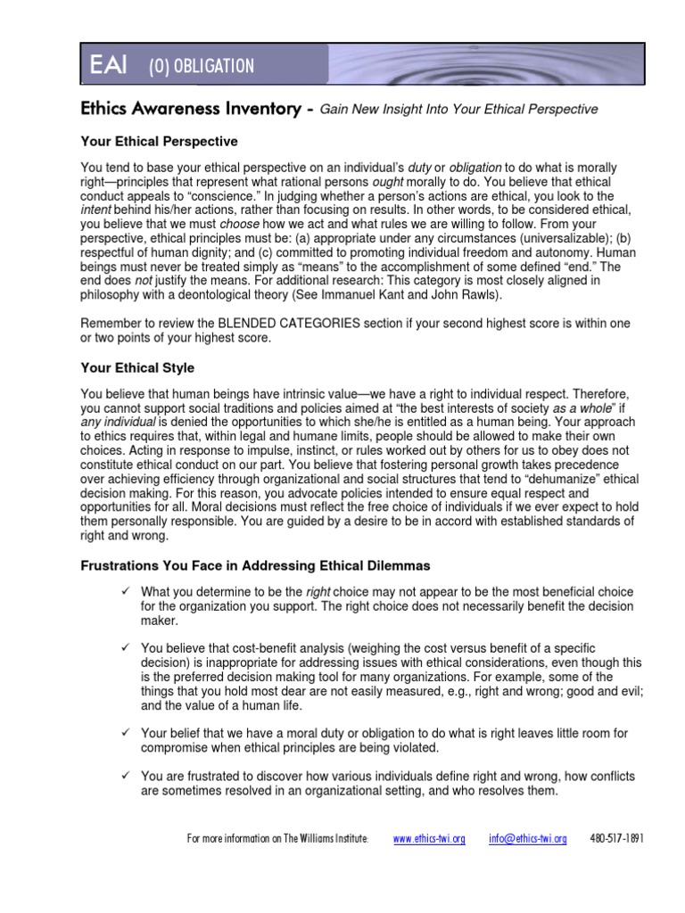 (O) Obligation: Ethics Awareness Inventory | Download Free PDF | Value ...