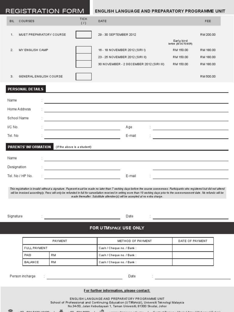 English Language Course Registration Form | PDF | Finance & Money ...
