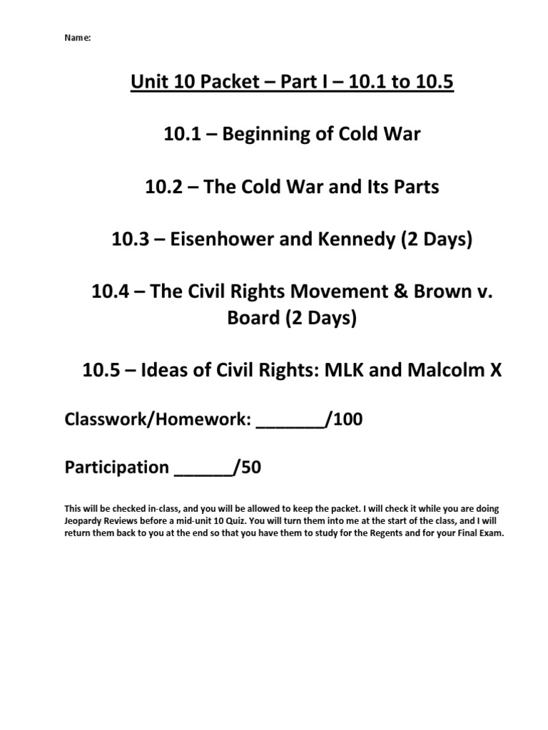 Unit 10 U.S. History Classwork Packet: Post WWII and The Cold War | PDF ...
