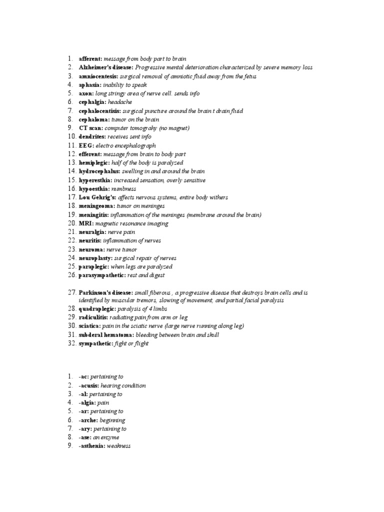 Medical Terminology Study Guide | PDF | Nerve | Headache