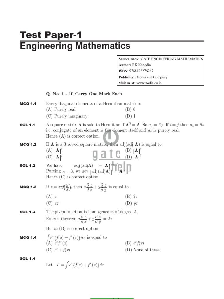 Engineering Mathematics: Test Paper-1 | PDF | Equations | Differential ...