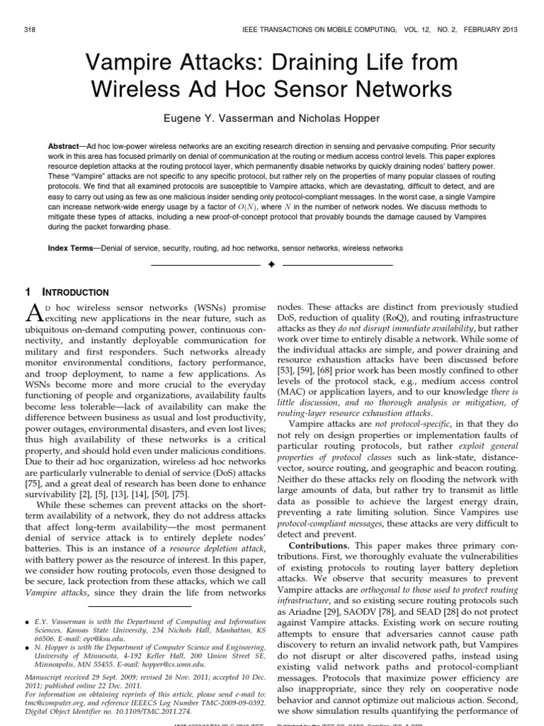 Vampire Attacks: Draining Life From Wireless Ad Hoc Sensor Networks | Download Free PDF ...