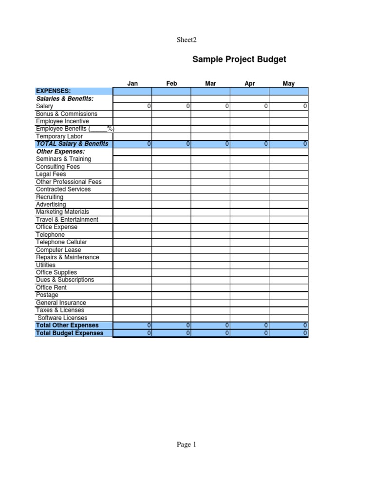 Sample Project Budget: Sheet2 | PDF