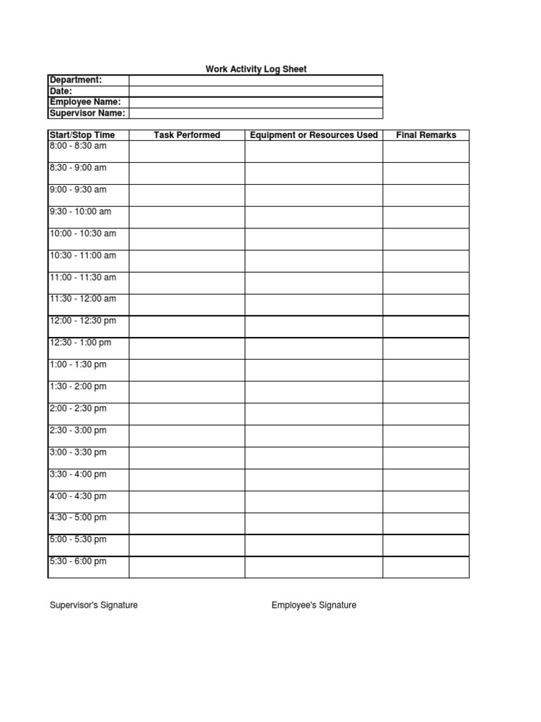 Department: Date: Employee Name: Supervisor Name: Start/Stop Time Task ...
