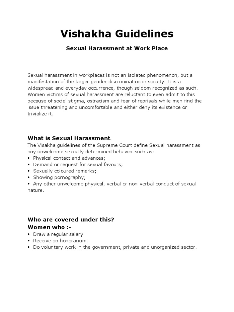 Vishakha Guidelines: Sexual Harassment at Work Place | PDF | Sexual ...