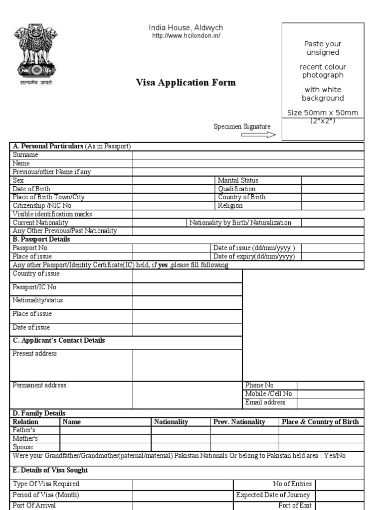 Visa Application Form: India House, Aldwych | Download Free PDF ...