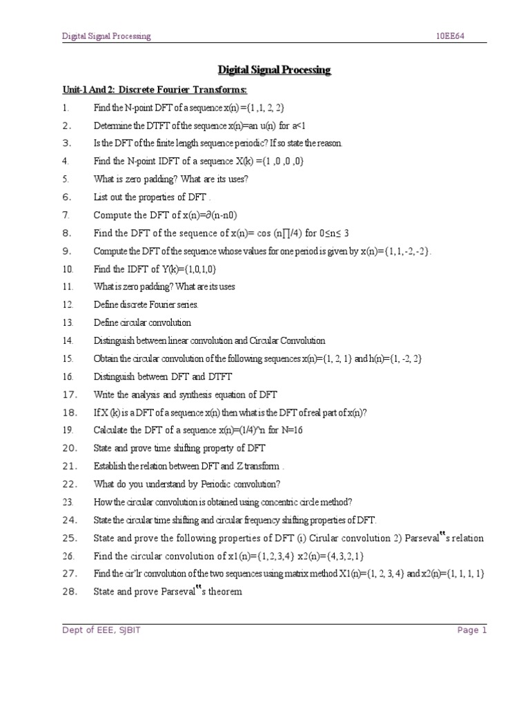 Digital Signal Processing: Unit-1 and 2: Discrete Fourier Transforms ...