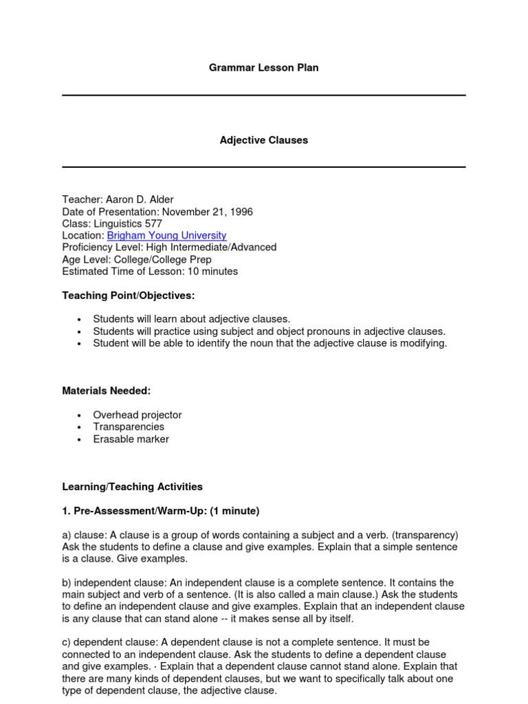 Grammar Lesson Plan: Brigham Young University | PDF | Adjective | Clause