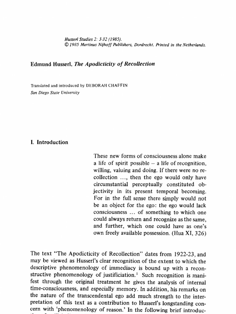 The Apodicticity of Recollection | PDF | Phenomenology (Philosophy) | Edmund Husserl