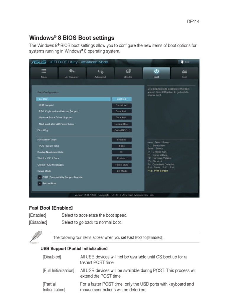 Win8 BIOS Boot Settings | PDF | Booting | Bios