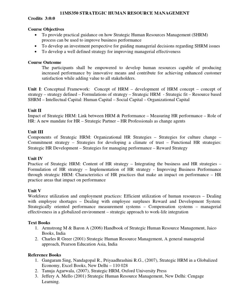 11Ms350 Strategic Human Resource Management Credits 3:0:0 Course ...