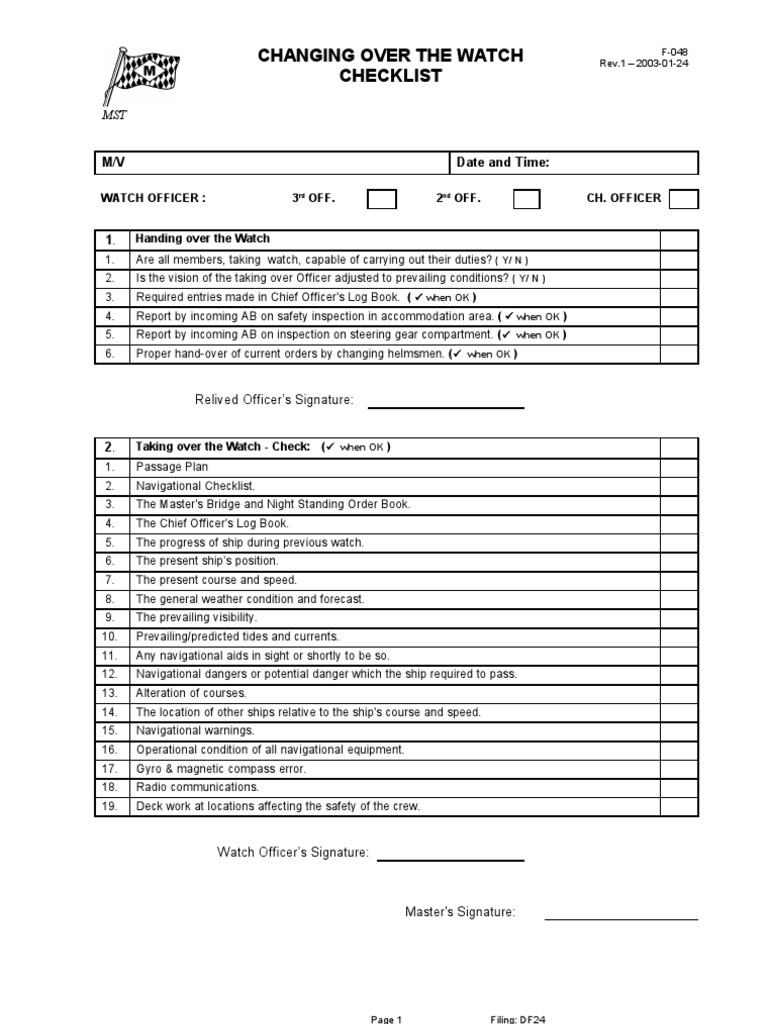 f048 Changing Over The Watch Checklist | PDF | Ships | Transport