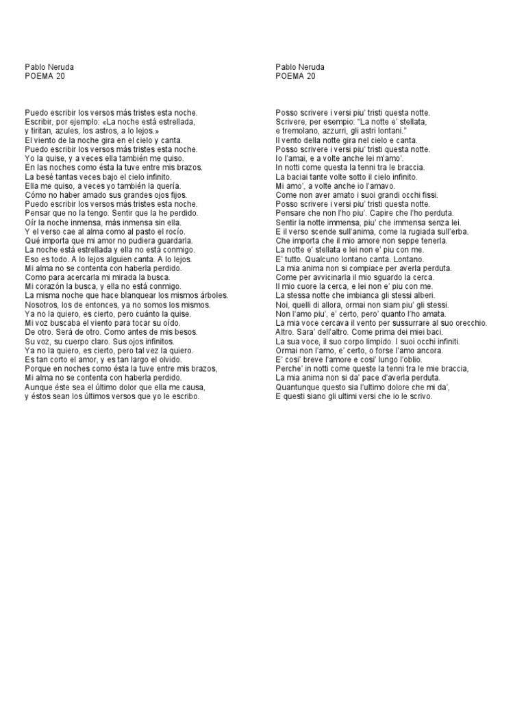 Poema 20 Pablo Neruda Veinte Xx Puedo Escribir Los Veinte Poemas De