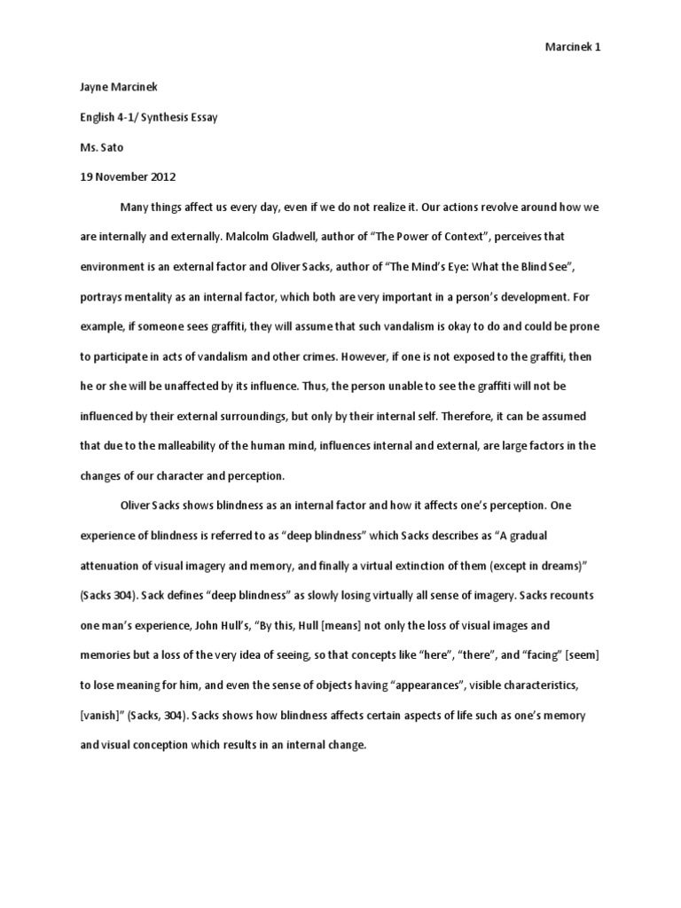 Synthesis Essay: Oliver Sacks and Malcolm Gladwell | PDF | Mental Image ...