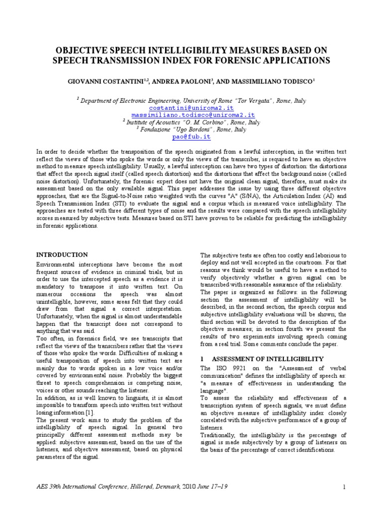 Objective Speech Intelligibility Measures Based On Speech Transmission Index For Forensic ...