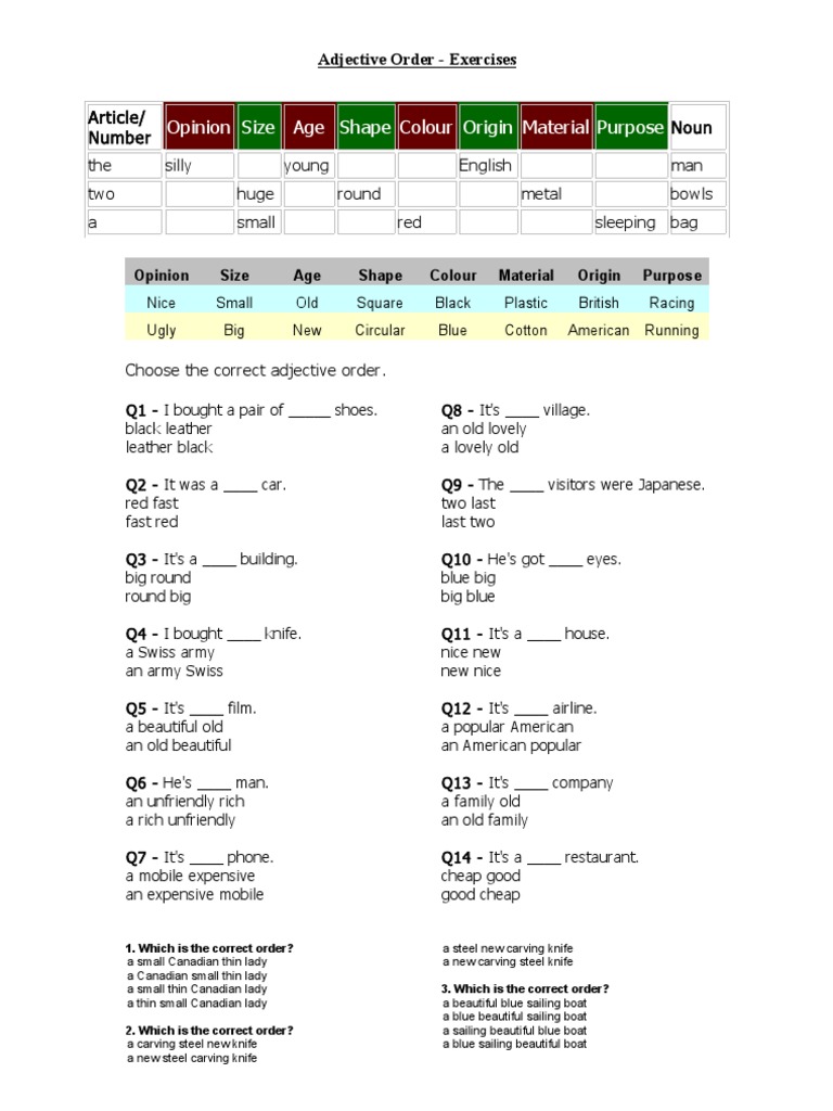 Adjective Order Practice Exercises | PDF