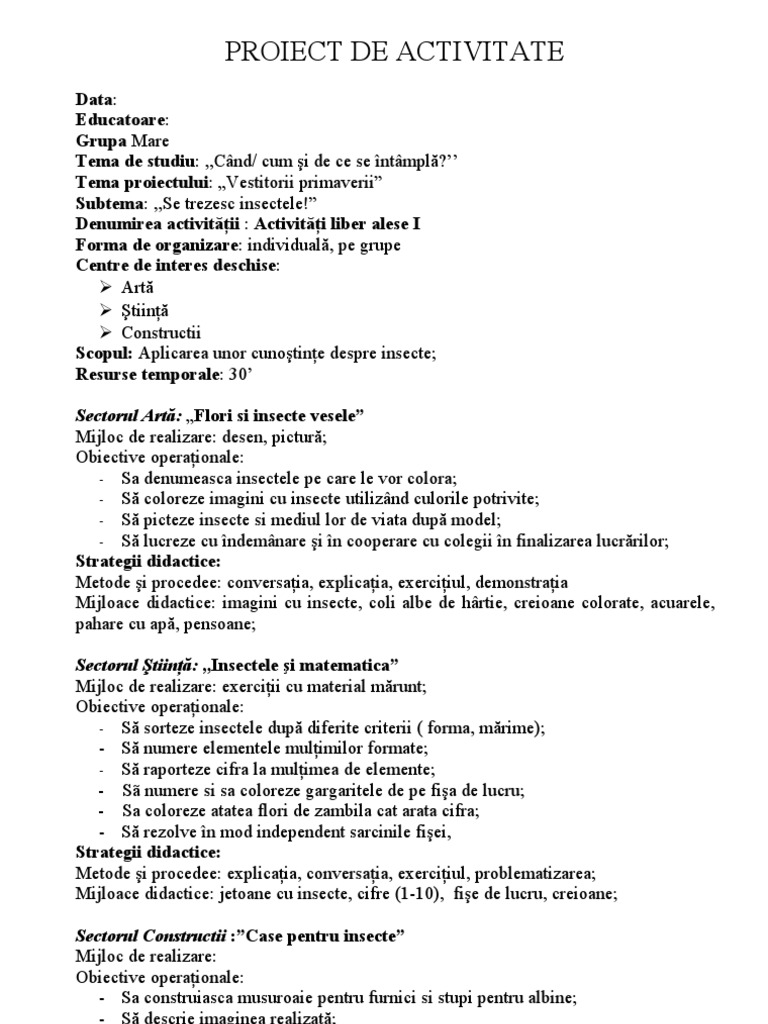 Proiect Integrat Pe o Zi - "INSECTE HARNICE Si DRAGUTE" | PDF