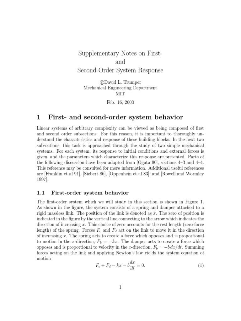 Supplementary Notes On First And Second Order System Response Pdf