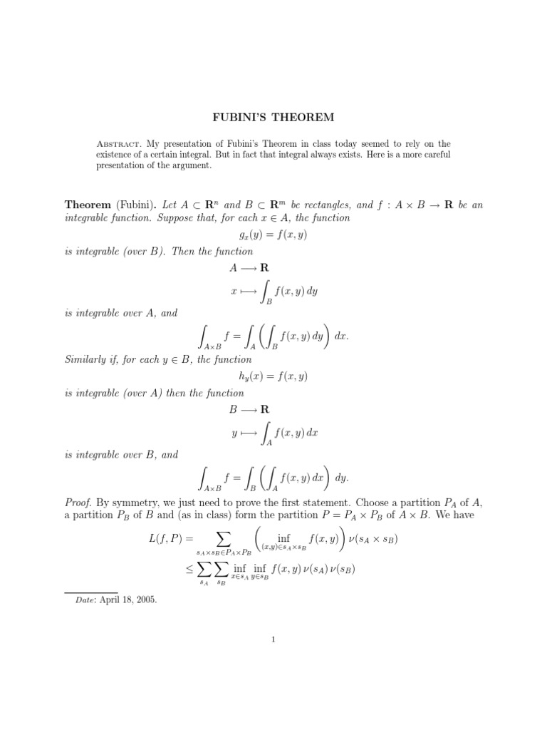 Fubini's Theorem Proof and Explanation | PDF