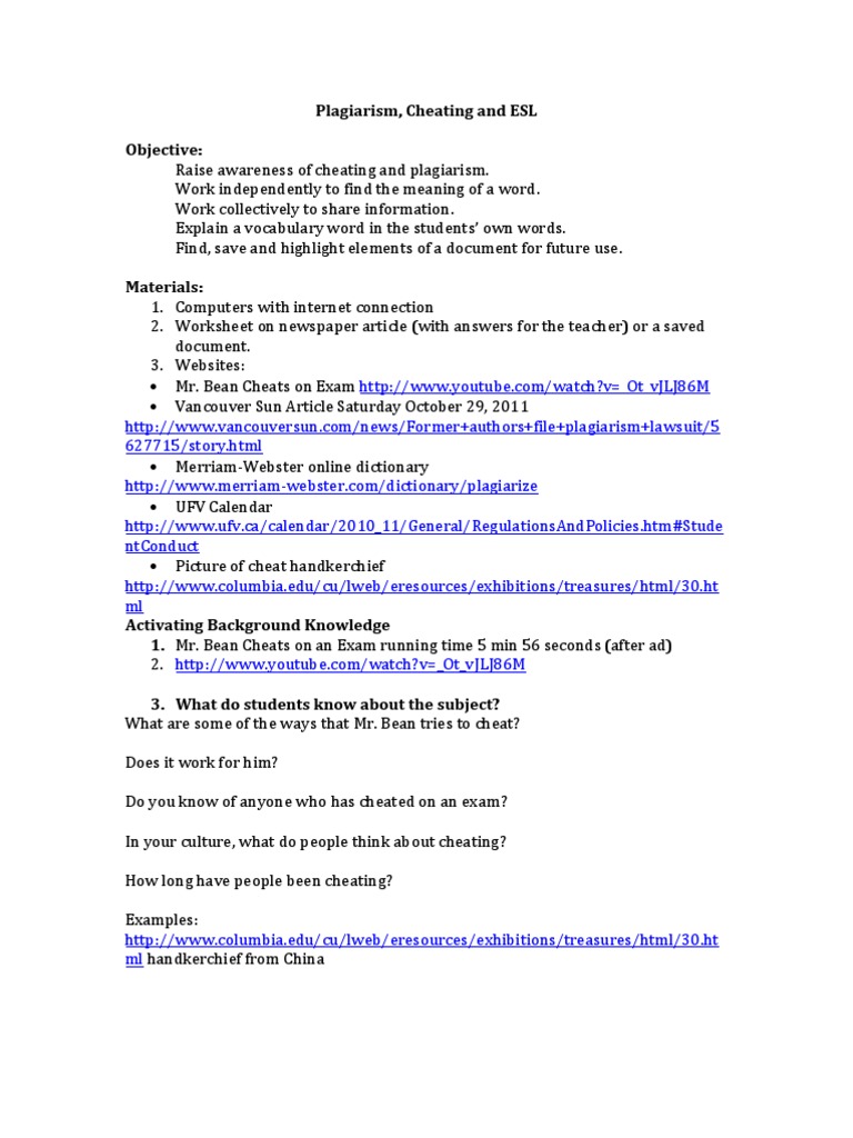 Plagiarism, Cheating, and ESL | PDF | Lesson Plan | English Language