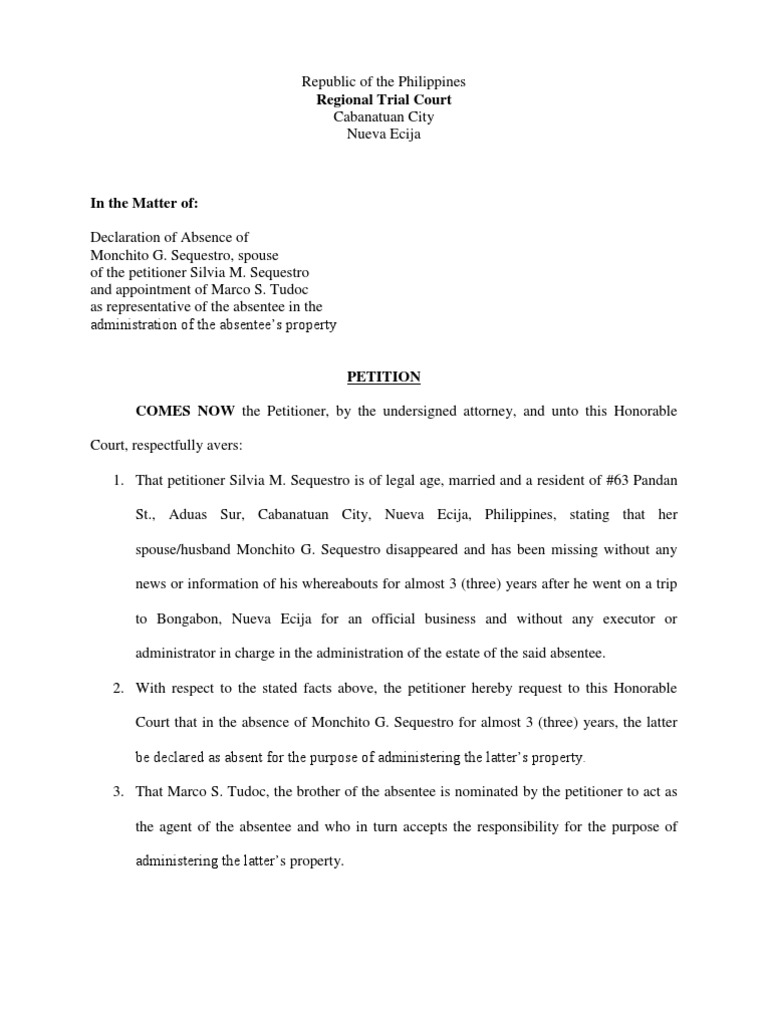 Petition for declaration of absence | Mortgage Law | Property Law