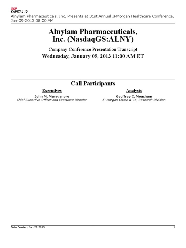 JP Morgan Alnylam Transcript, January 9 2013 | PDF | Coagulation | Life ...