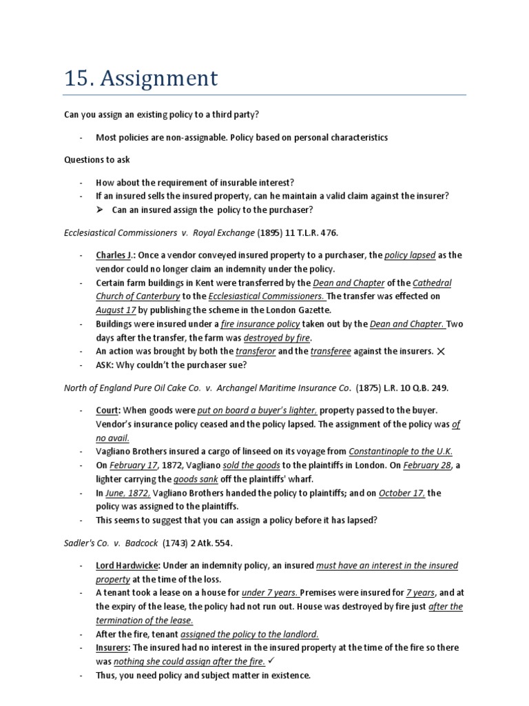 Assignment of Insurance Policies Explained | PDF | Assignment (Law ...