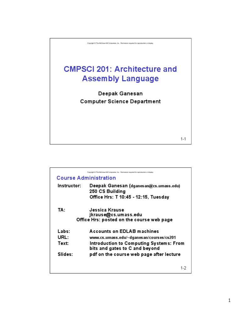 CMPSCI 201: Architecture and Assembly Language: Deepak Ganesan Computer Science Department | PDF ...