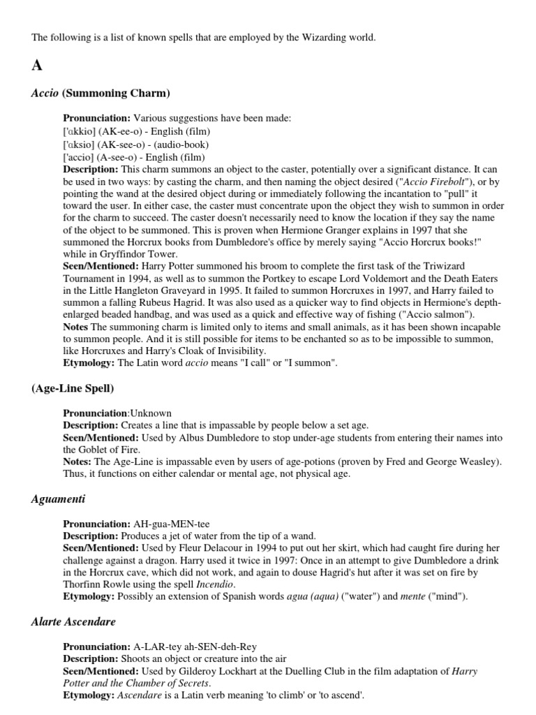 List of Wizarding Spells Explained | PDF | Contemporary Fantasy Novels