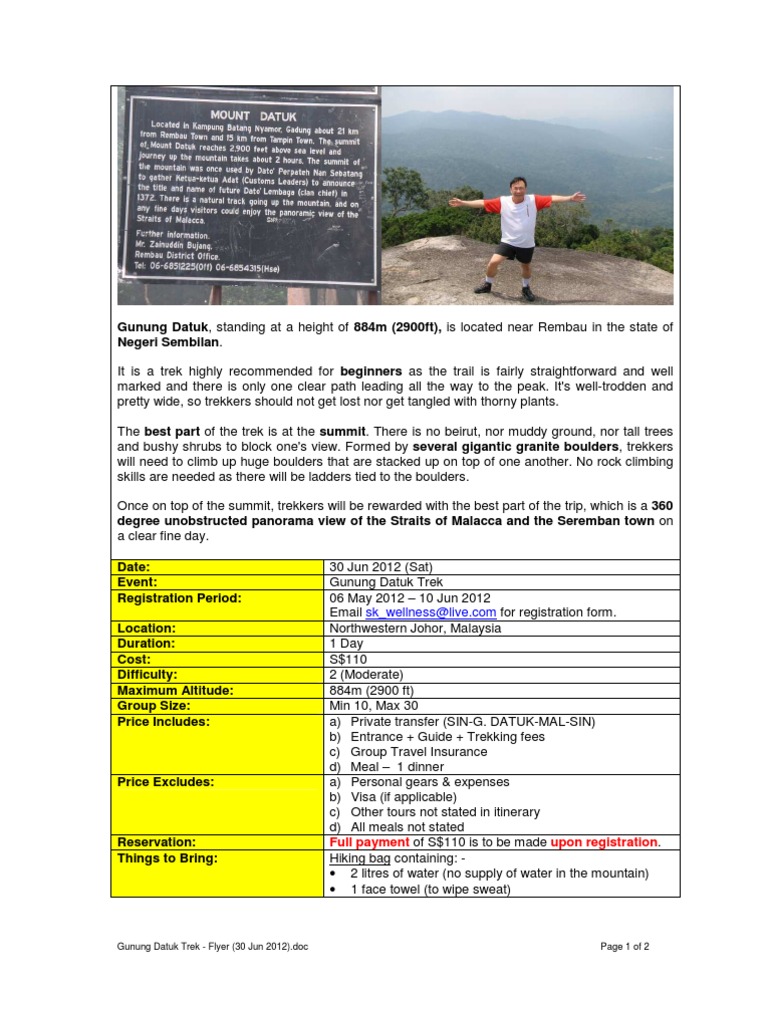 Gunung Datuk Trek Itinerary | PDF | Backpacking (Wilderness) | Hiking