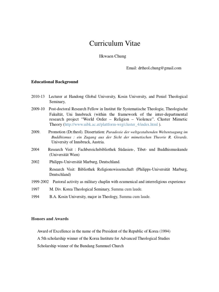 Curriculum vitae (CV) Ilkwaen Chung | René Girard | South Korea