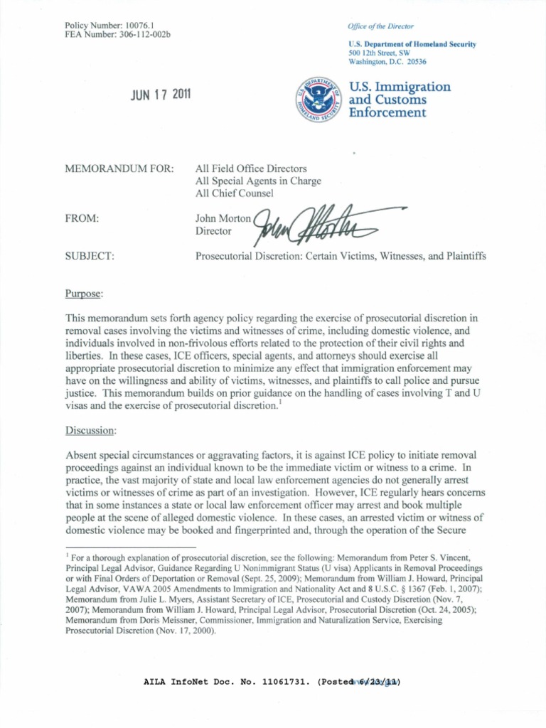 ICE Memo On Immigration Prosecutorial Discretion Regarding Certain ...