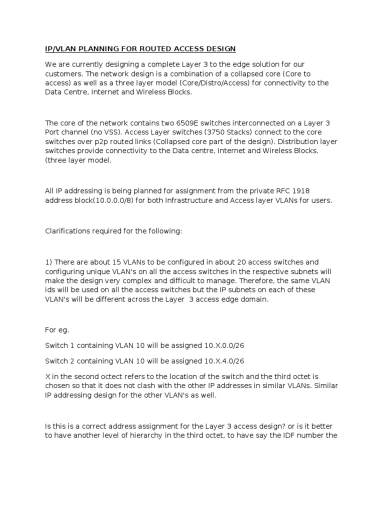 Ip-Vlan Planning For Routed Access Design | PDF | Ip Address | Network ...