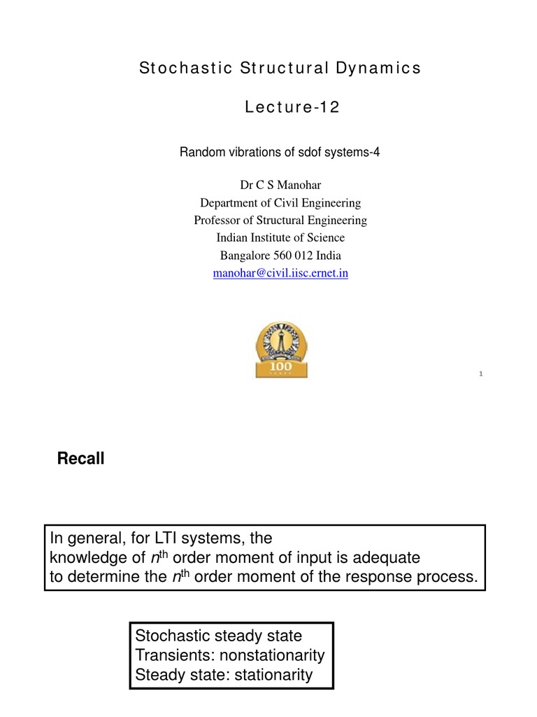 Stochastic Structural Dynamics Lecture 12 Random Vibrations Of Sdof Systems 4 Pdf