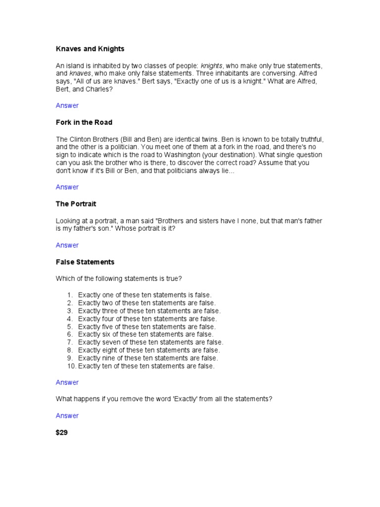 Knights, knaves and logic puzzles | PDF | Centrifuge