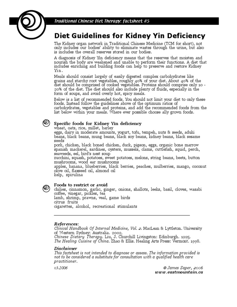 Diet Guidelines For Kidney Yin Deficiency | PDF