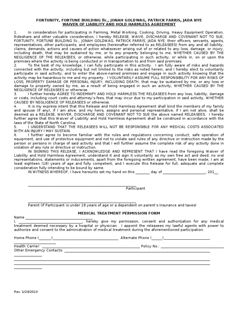 NC Liability Hold Harmless Agreement | PDF | Indemnity | Consent