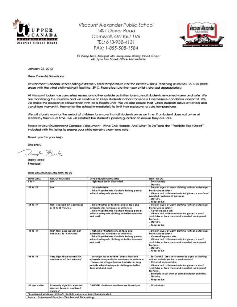 Cold Weather Advisory Letter to Parents | Hypothermia | Clothing
