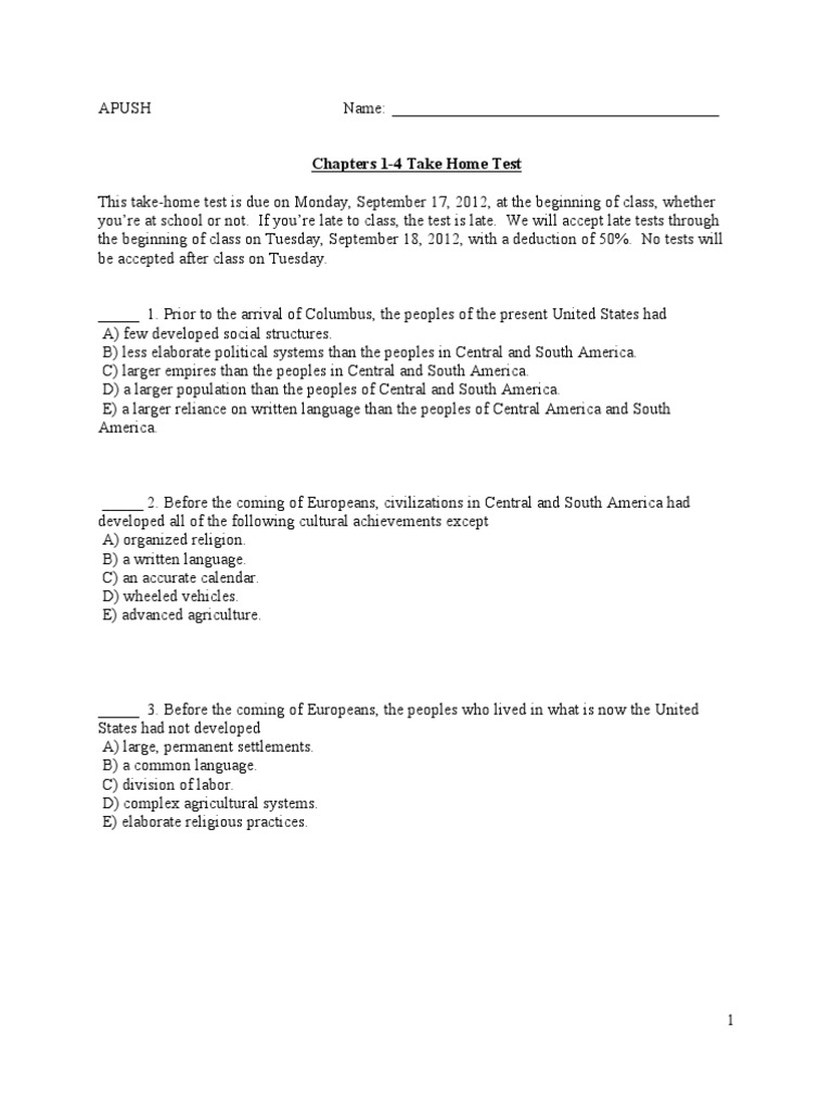 Advanced Placement United States History - Chapter 1 - 4 Test | PDF ...