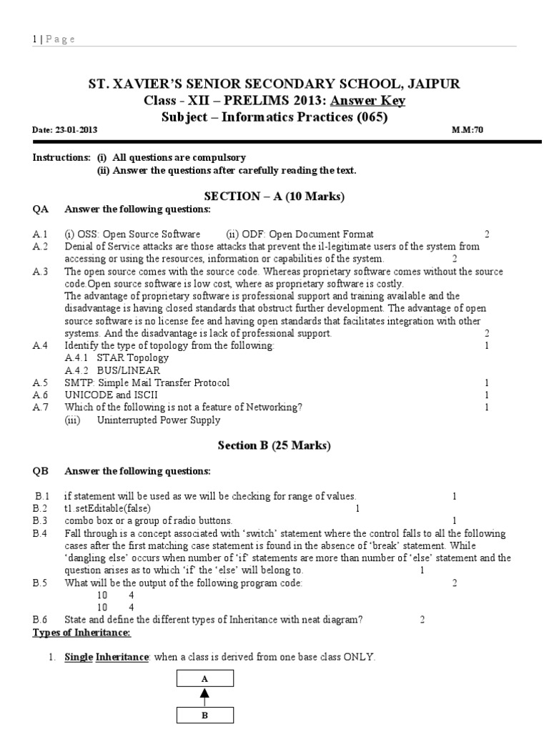 St. Xavier'S Senior Secondary School, Jaipur Class - XII - PRELIMS 2013: Answer Key Subject ...