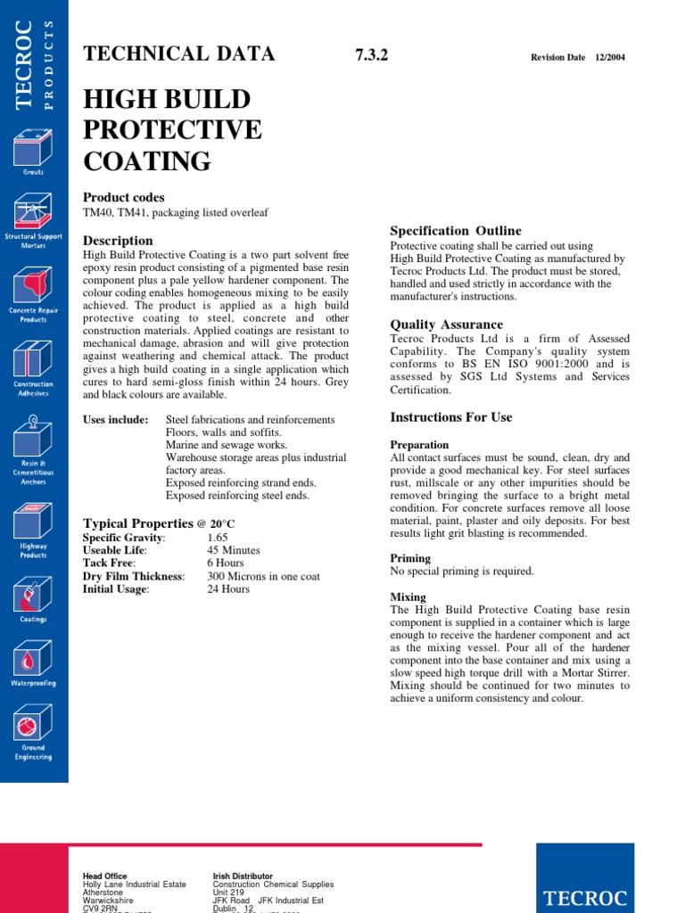 High Build Protective Coating: Technical Data | PDF | Paint | Concrete