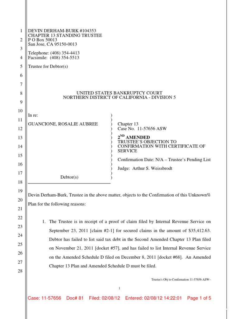 Doc081 TrusteesObjectionToPlan | PDF | Chapter 13 | Trustee