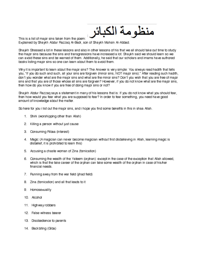 List of 64 Major Sins | PDF | Sin | Prayer