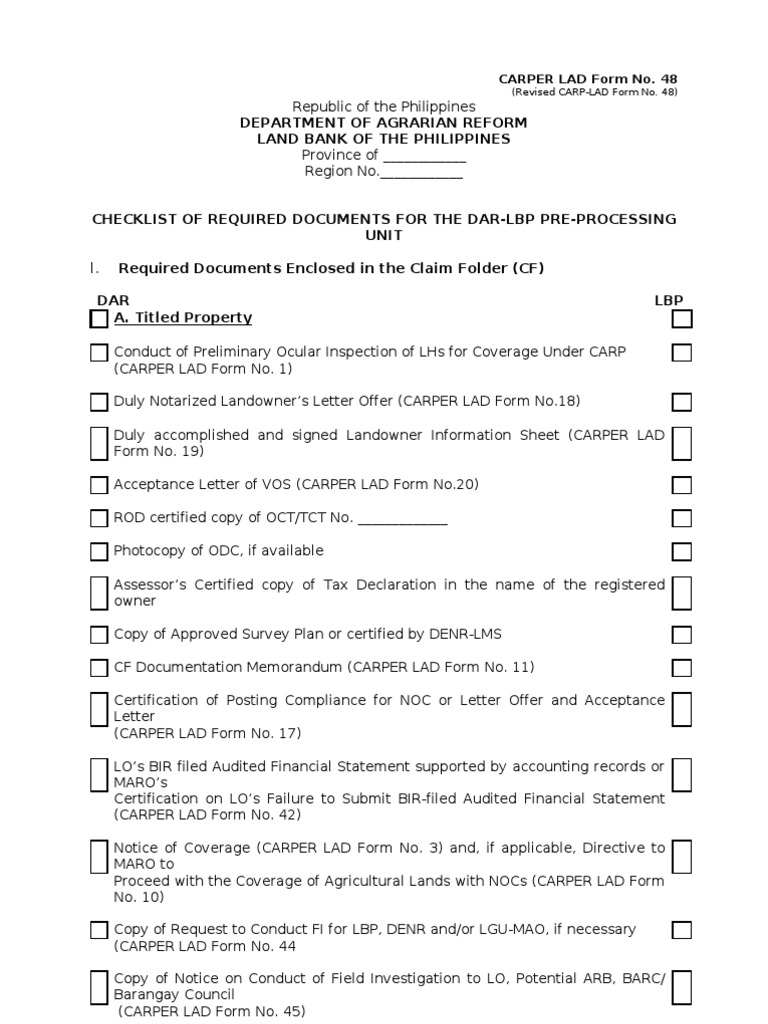CARPER LAD Form No. 48 Checklist of Required Docs for DAR-LBP PPU ...