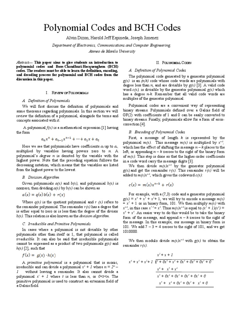 Polynomial Codes and BCH Codes: Alvin Dizon, Harold Jeff Espineda, Joseph Jimenez | PDF ...